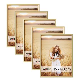 Woltu Bilderrahmen 15x20 cm, 5 Set, Fotorahmen Gold, Aluminium, mit Passepartout, zum vertikalen oder horizontalen Aufhängen/Aufstellen, für Fotos, Bilder