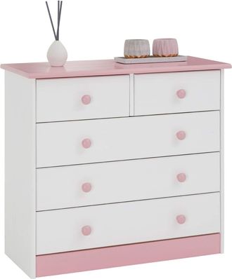 IDIMEX Kommode Rondo, sch&ouml;ne Anrichte mit 5 Schubladen, praktisches Sideboard aus massiver Kiefer in wei&szlig;/rosa, Zeitlose Schubladenkommode mit Holzgriffe