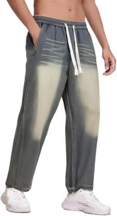 Generic Jean pour homme - Coupe droite - Pantalon baggy respirant - Couleur unie - Avec cordon de serrage &eacute;lastique et poches - Jambe droite - Tendance - Coup