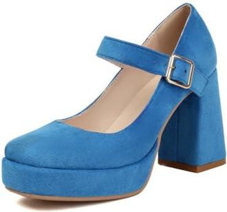 Generic Chaussures Femme Mary Janes Plateforme Daim Talons Carrés Bout Rond Boucle Réglable Doublure Souple Confortables Durables Antidérapantes Robe,Bleu,42.