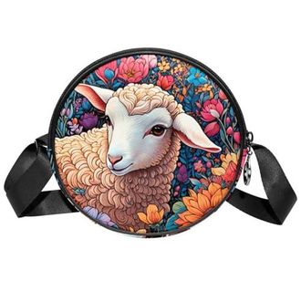 Generic Petit sac &agrave; bandouli&egrave;re rond pour femme, motif mouton color&eacute; avec fermeture &eacute;clair, bretelles r&eacute;glables, sac &agrave; main rond d&eacute;contract&eacute; pour femmes et fi