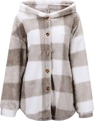 Generic Vestes pour femmes 2026 Veste &agrave; carreaux &agrave; capuche boutonn&eacute;e Manteau chaud pour femmes, kaki, 3XL