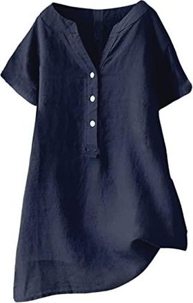 Generic Chemise en lin pour femme - Chemisier long en coton &agrave; manches courtes pour femme - T-shirt habill&eacute; d&eacute;contract&eacute; et l&eacute;ger - Col en V boutonn&eacute; - T-shirt 