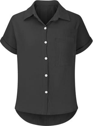 Generic Chemise en lin pour femme - Manches courtes - Col en V - Boutonn&eacute; - D&eacute;contract&eacute; - En mousseline - Chemisier basique - L&eacute;ger et respirant - Chemisier d