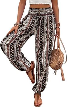 Minetom Pantalon Sarouel Femme Boho Sport Taille Haute Bouffant Pants pour Pilate Hippie Yoga Fitness Danse Pyjama Ete Plage B Marron XXL