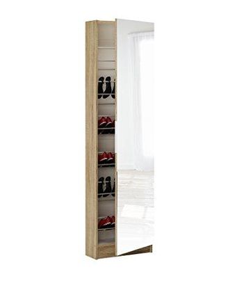 Demeyere Armoire A Chaussures DEntrée En Bois Avec Miroir - Coloris Chêne Brossé - 50 Lx20 Px180,5H cm, Eiche
