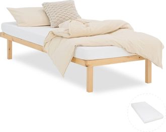 Homestyle4u Holzbett Palettenbett 90x200 mit Matratze Lattenrost, Bettgestell Holz Unbehandelt Kiefer Massivholzbett Einzelbett, Artikel 3129