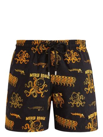 Vilebrequin Kordelzug-Badeshorts mit Oktopus-Stickerei - Schwarz