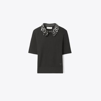 Tory Burch Damen Kurz&auml;rmeliges Top mit verziertem Kragen