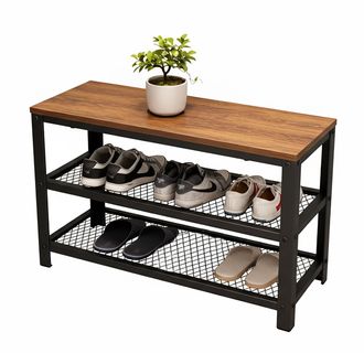 Relaxdays Schuhbank, f&uuml;r 6 Paar Schuhe, HxBxT: 45 x 73 x 30 cm, 2 Gitterablagen, Sitzbank in Holzoptik, braun/schwarz