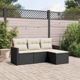 vidaXL 4-tlg. Garten-Sofagarnitur mit Kissen Schwarz Poly Rattan - Vidaxl