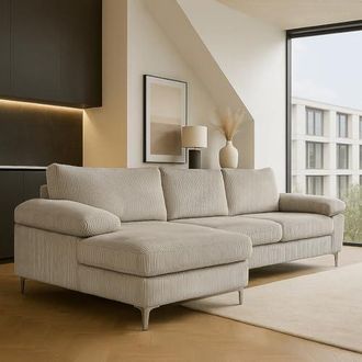 Concept Usine | Canap&eacute; dAngle 4-5 Places Galway Beige | M&eacute;ridienne Gauche | Velours C&ocirc;tel&eacute; Ultra Doux | Assise Profonde et Moelleuse | Pieds M&eacute;tal | Confort Durable