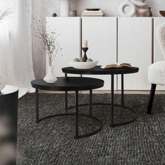 ML Design ML-Design Set 2x Tables dAppoint, Rond, &Oslash; 59x40 cm/&Oslash;74x48 cm, en MDF Noir Mat/Structure M&eacute;tal Noir, Tables Gigognes Modernes, Multiples Usages
