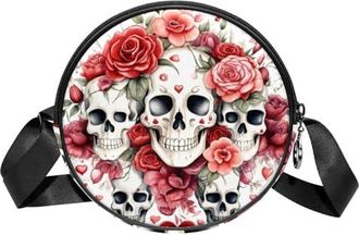 Generic Petit sac &agrave; bandouli&egrave;re circulaire pour femme, motif cr&acirc;nes, fleurs, petit sac &agrave; bandouli&egrave;re avec fermeture &eacute;clair, bretelles r&eacute;glables, sac &agrave; main ro