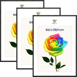MG Design 3er Set Bilderrahmen A0 84,1 x 118,9 cm - Posterrahmen mit Schwarz Echtholzrahmen und bruchsicherem Acrylglas, Hoch & Quer mit verst&auml;rkter Wandaufh&auml;ng