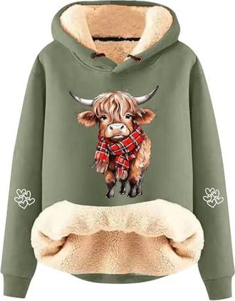 Generic Chandail &agrave; capuche de No&euml;l pour femme avec motif vache Highland - Doux et chaud - Doublure Sherpa - Pull de No&euml;l d&eacute;contract&eacute; &agrave; manches longues - Joli 