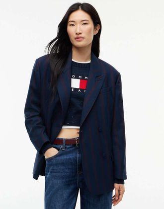 Tommy Jeans Blazer mit Relaxed Fit, Wollmix und doppelter Knopfleiste in Dunkelblau / Streifen