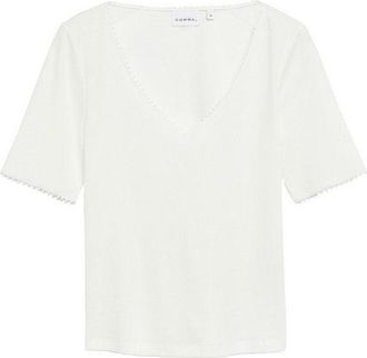 Comma Kurzarmshirt T-Shirt Geripptes Halbarmshirt mit Zierborte