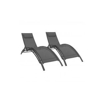 IDMarket Lot de 2 transats de jardin inclinables en acier HAVANE gris anthracite et toile grise avec coussin