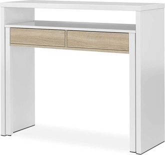 PEGANE Pegane - Table console extensible convertible en bureau blanc et ch&ecirc;ne - Dimensions 88 cm hauteur x 99 cm longueur x 36-70 cm profondeur - M&eacute;lamine