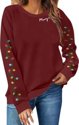 Generic Ydsxlp Pull de Noël à manches longues pour femme - Imprimé « Merry Christmas » - Tendance et décontracté - Col rond - Coupe ample - Pull de Noël, Vin 