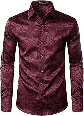 PARKLEES Chemise de luxe à manches longues en jacquard pour homme, coupe ajustée, en satin imitation soie, imprimé floral, chemises pour mariage, bal, bordeaux