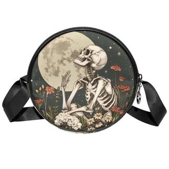 Generic Petit sac &agrave; bandouli&egrave;re rond pour femme, motif t&ecirc;te de mort, avec fermeture &eacute;clair, bretelles r&eacute;glables, style d&eacute;contract&eacute;, pour femmes et filles