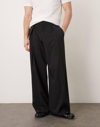 Asos Elegante Hose aus hochwertigem Wollmix in Schwarz mit weitem Bein und Bundfalte