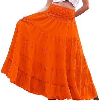Generic Jupe longue pliss&eacute;e en coton pour femme - Robe de danse boh&egrave;me gitane - Robe d&eacute;t&eacute; - Robe ample pour la plage, les vacances - Essentiels de vacances po