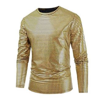 Generic Chemise m&eacute;tallique brillante pour homme, manches longues, col rond, t-shirt &agrave; carreaux, chemises de f&ecirc;te discoth&egrave;que, rock, v&ecirc;tements de discoth&egrave;que, 