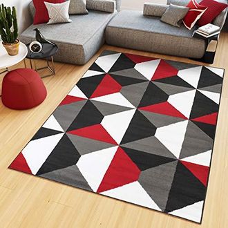 Tapiso Maya Tapis Poil Court Moderne Rouge Gris Blanc G&eacute;om&eacute;trique Motif Mosa&iuml;que Trap&egrave;ze Tapis Salon Chambre Salle &agrave; Manger Adulte Bureau Oeko-TEX R&eacute;sistant 