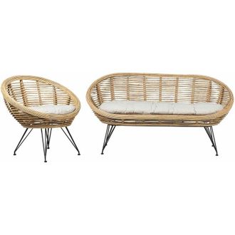 Beliani Lounge Set Nat&uuml;rlich Rattan 2-Sitzer Gartensofa und Gartenstuhl mit Schwarzem Metallgestell Auflagen Hellbeige Stoff Boho Outdoor Indoor