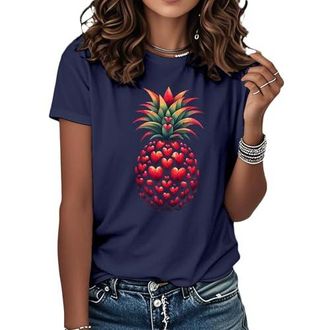 Generic T-shirt hawa&iuml;en pour femme - Coeur ananas | Col rond hawa&iuml;en graphique - Hauts d&eacute;t&eacute; - pour la plage et les voyages, bleu marine, XXL