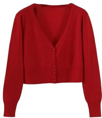 Generic Femmes Col V Tricot&eacute; Pulls Tricot Noir Crochet Top Court Printemps Cardigan Rose Manteau, Rouge, XS