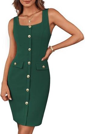 Grace Karin Robe de cocktail élégante pour femme - Sans manches - Col carré - Boutons - Ceinture - Pour le travail, le bureau - Robe formelle - Mini robe moulante