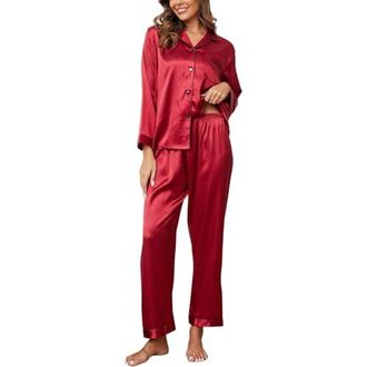 Generic Pyjama 2 pi&egrave;ces en soie pour femme, ensemble de pyjama 2 pi&egrave;ces en soie pour femme, v&ecirc;tement de nuit confortable, pyjama soyeux, bordeaux, XXL