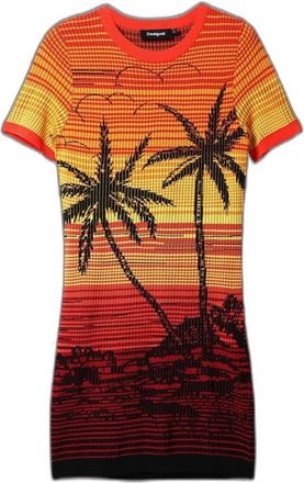 Desigual Femme, Robes, Rouge, Taille: 36 FR Palm Tree Knit Dress Sunset Style