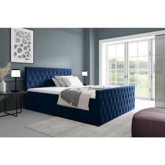 Fun M&ouml;bel Boxspringbett Schlafzimmerbett ASHER 140x220cm in Stoff Fresh Dunkelblau