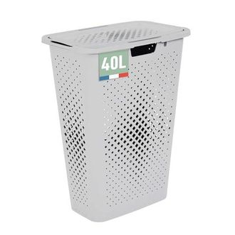 Sundis Pixel, W&auml;schekorb mit deckel 40l, aus recyceltem Kunststoff, wollwei&szlig;, ideal f&uuml;r kleine R&auml;ume, 2 seitliche Griffe und 1 Griff an der Unterseite, Bel&uuml;f