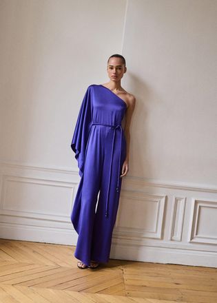 Mango Combinaison satin&eacute;e maxi volant bleu - Femme - XS - MANGO
