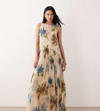 Asos Tall ASOS DESIGN Tall - Maxi-H&auml;ngerkleid mit Racer-Ausschnitt und rosa Blumenmuster-Bunt
