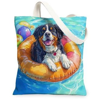 Generic Sac fourre-tout amusant en toile avec bou&eacute;es de sauvetage pour le shopping - 33 x 38,1 cm - R&eacute;utilisable - Pour femme - Motif chien de montagne bernoi