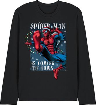 MARVEL Unisex Marvel Spiderman is Coming to Town Langarm-T-Shirt, schwarzes T-Shirt, Schwarz, XXL