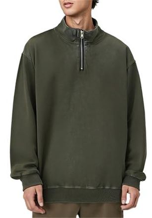 Generic Sweat-shirt &agrave; manches longues en coton avec fermeture &eacute;clair 1/4 pour homme, col montant, lavage &agrave; lacide, Vert kaki, XXL