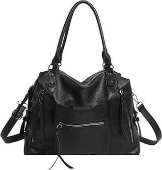 Generic Sac &agrave; bandouli&egrave;re vintage de couleur unie avec fermeture &eacute;clair et poches multiples pour femme, travail, voyage, shopping quotidien, Noir