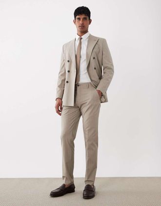 Selected Pantalon de costume ajust&eacute; &agrave; fines rayures - Beige-Blanc