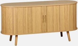 Sweeek Meuble TV scandinave 2 Portes coulissantes. 4 Compartiments. d&eacute;cor Bois rainur&eacute; Naturel. L120 x 40 x 57 cm