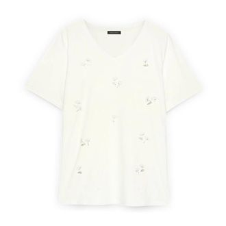 Fiorella Rubino Baumwoll-T-Shirt mit Perlenblumen - - Tops - Damen - Wei&szlig; - 2XL