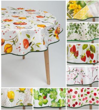 Laro 140cm runde Wachstuch Tischdecke abwaschbar Wachstuchtischdecke mit Saum-Eingefasst-Paspelband, Muster:Granatapfel Rot Orange Weiß, Größe: Rund 140cm