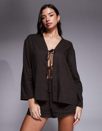 the frolic Exklusives, lang&auml;rmliges Strandoberteil in Schokobraun mit Leinenanteil und gebundener Vorderseite, Kombiteil-Brown